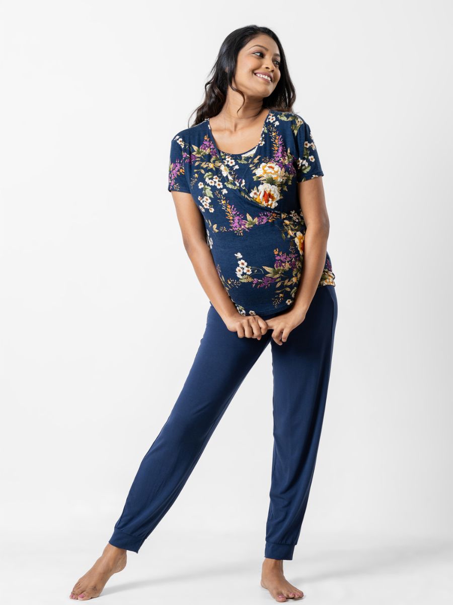 Sarah - Short Sleeve Tee & Over the Belly Pants in Navy Floral – Aadaraya